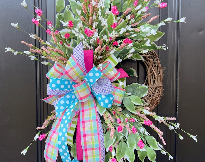 Spring Grapevine Wreath for Front Door, Pink and White Spring Door ...