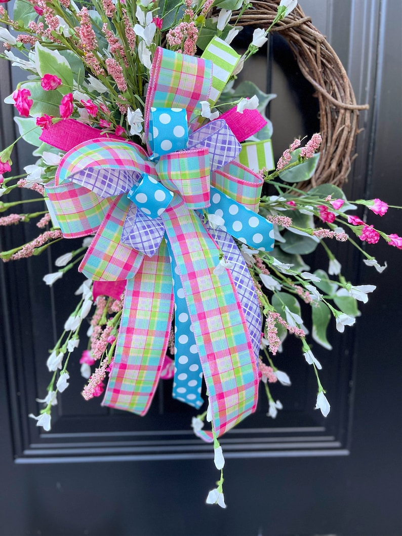 Spring Grapevine Wreath for Front Door, Pink and White Spring Door ...