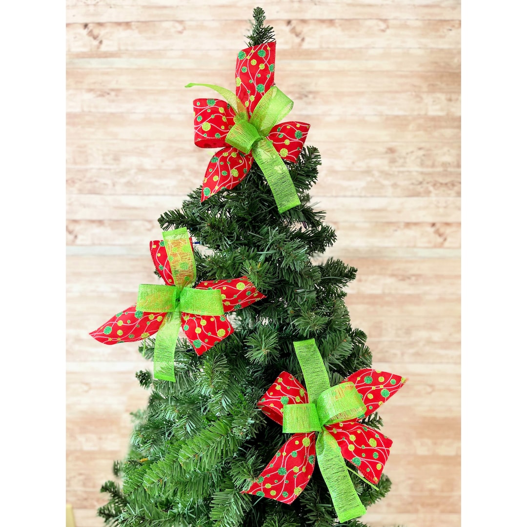 Red and Lime Green Christmas Bows, Christmas Tree Bows Set, Set of ...
