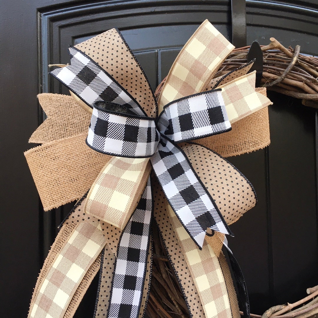 LARGE Farmhouse Wreath Bow, Buffalo Check and Burlap Bow, Black and ...
