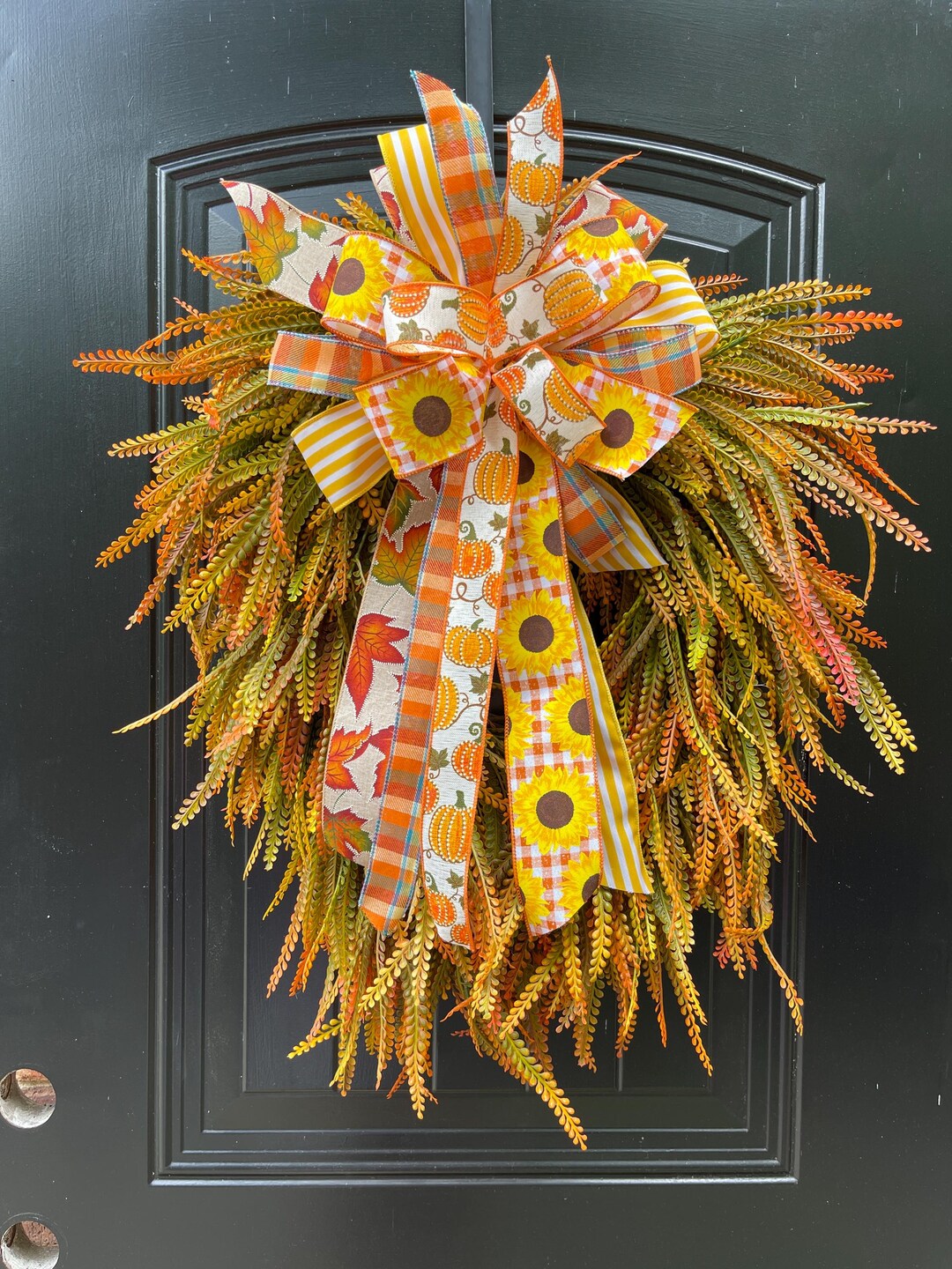 Fall Bead Grass Wreath With Bow, Fall Wreath With Cascading Greenery ...