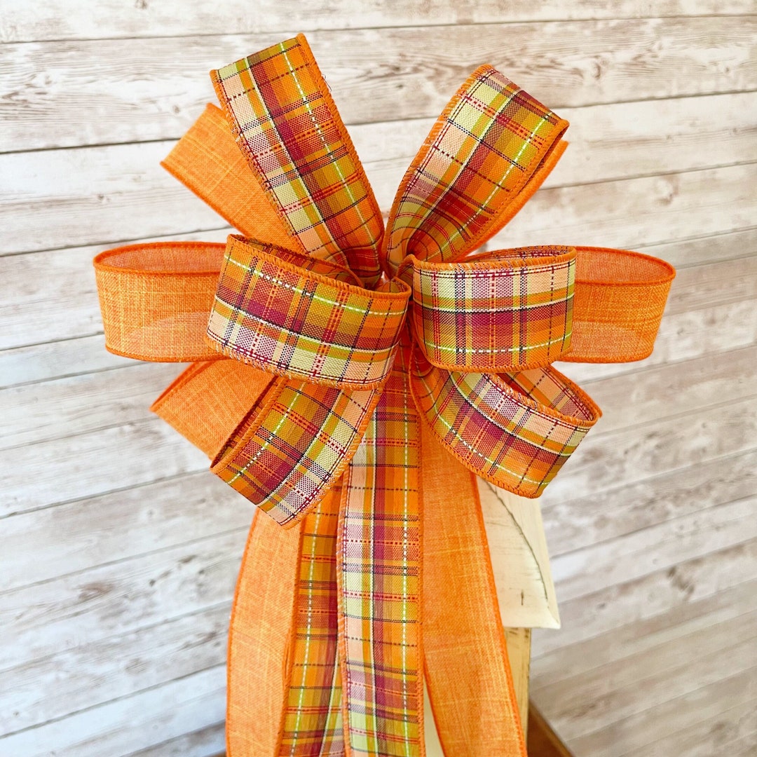 Orange Fall Bow for Wreath, Fall Plaid Bow, Thanksgiving Wreath Bow ...