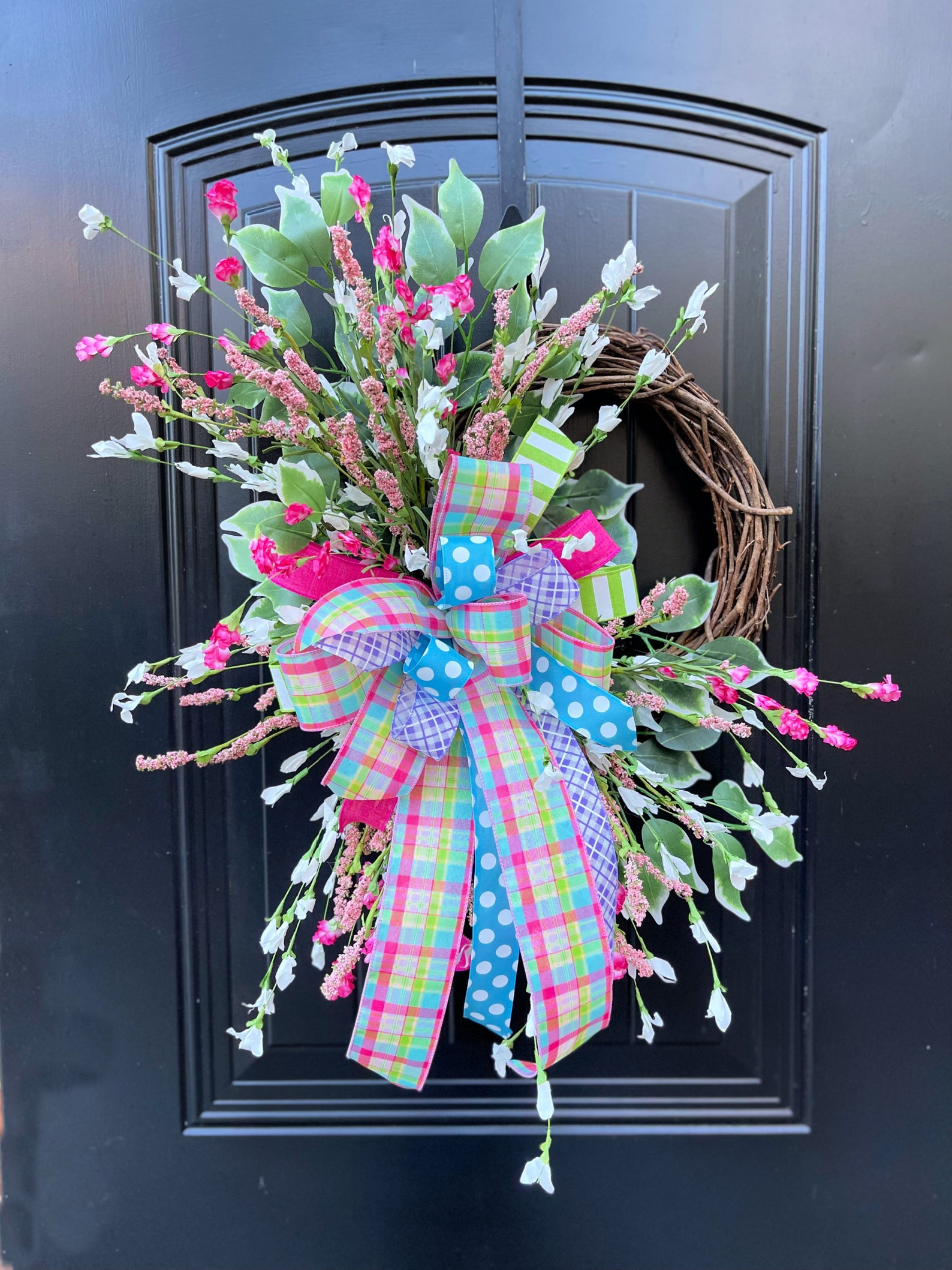 Spring Grapevine Wreath for Front Door, Pink and White Spring Door ...