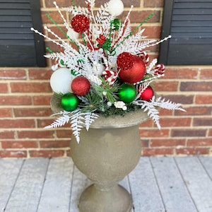 Christmas Urn Filler With Ornaments for Front Porch, Faux Planter Drop ...