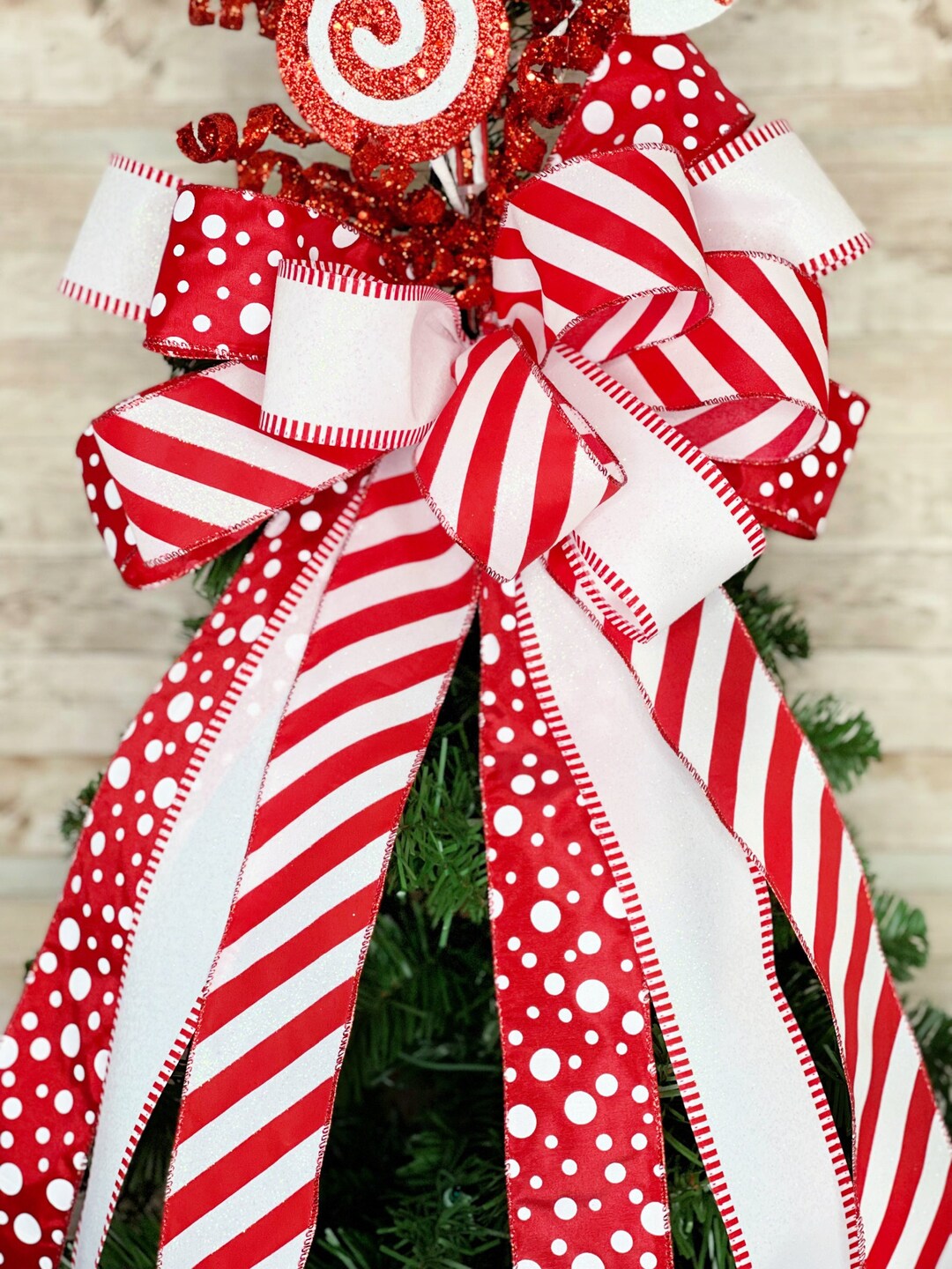Red and White Christmas Tree Topper Bow, Peppermint Christmas Tree Bow ...