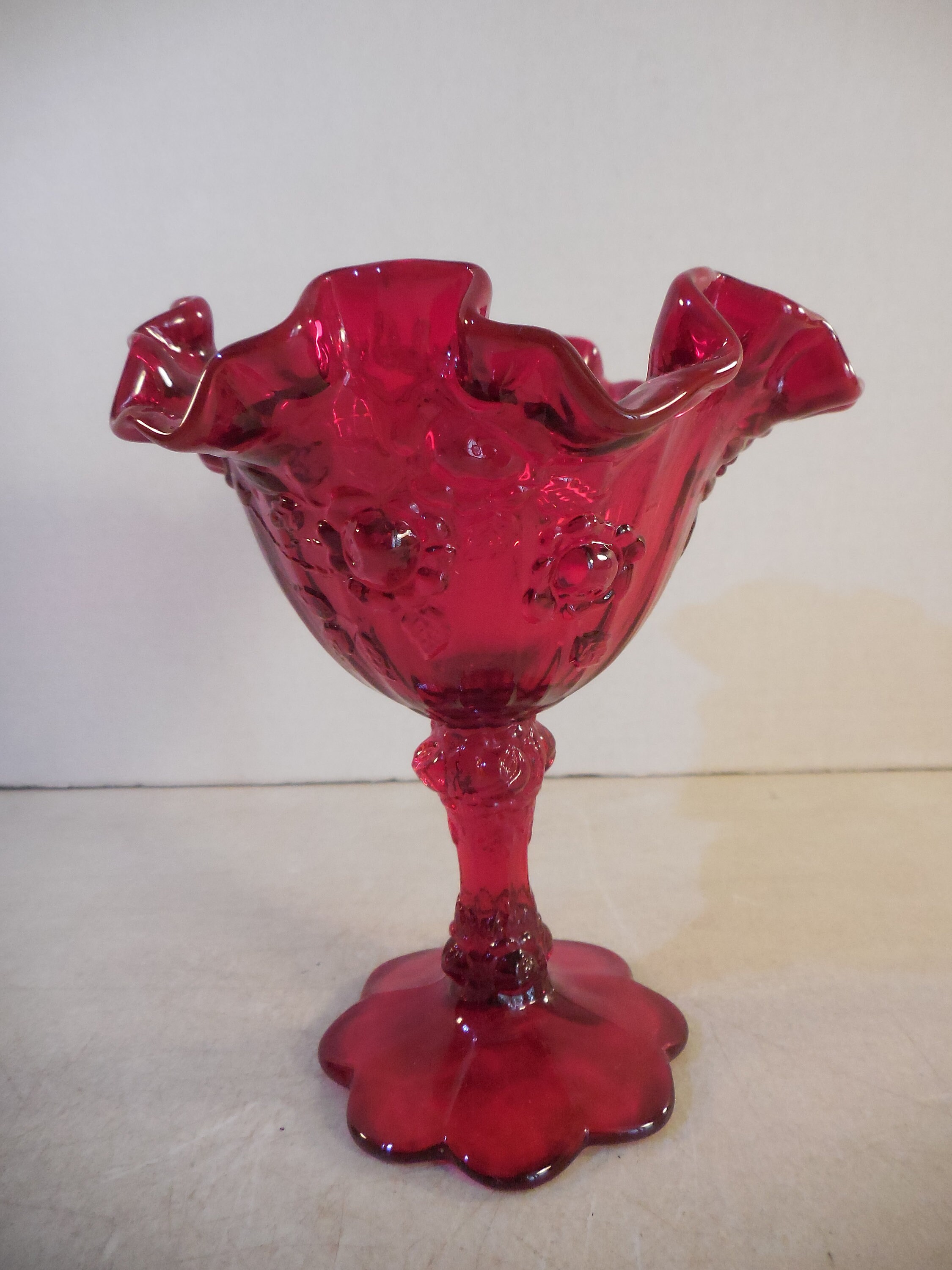 Vintage FENTON Ruby Red Ruffled Edge Pedestal Candy Dish Floral Leaf ...