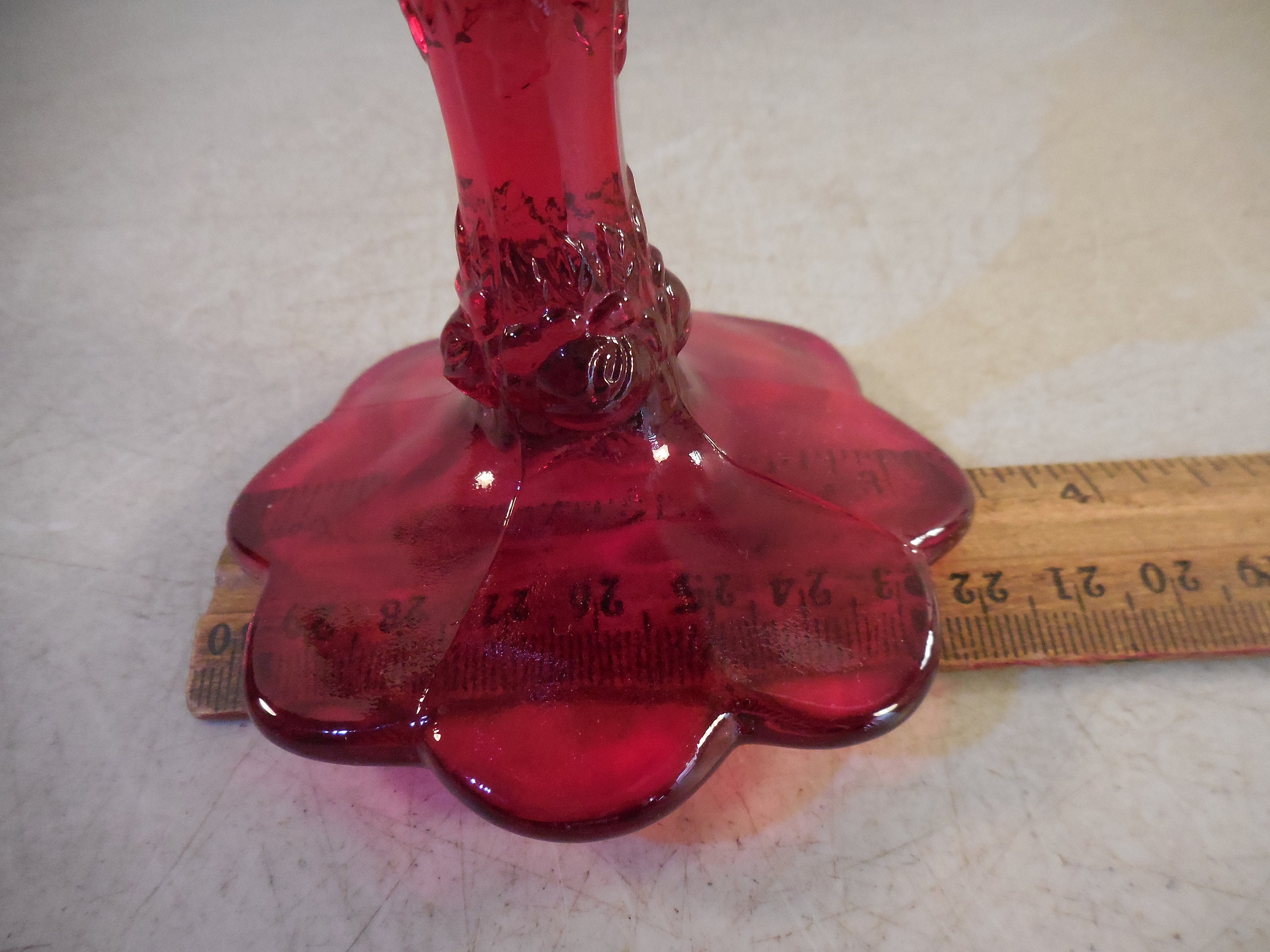 Vintage FENTON Ruby Red Ruffled Edge Pedestal Candy Dish Floral Leaf ...