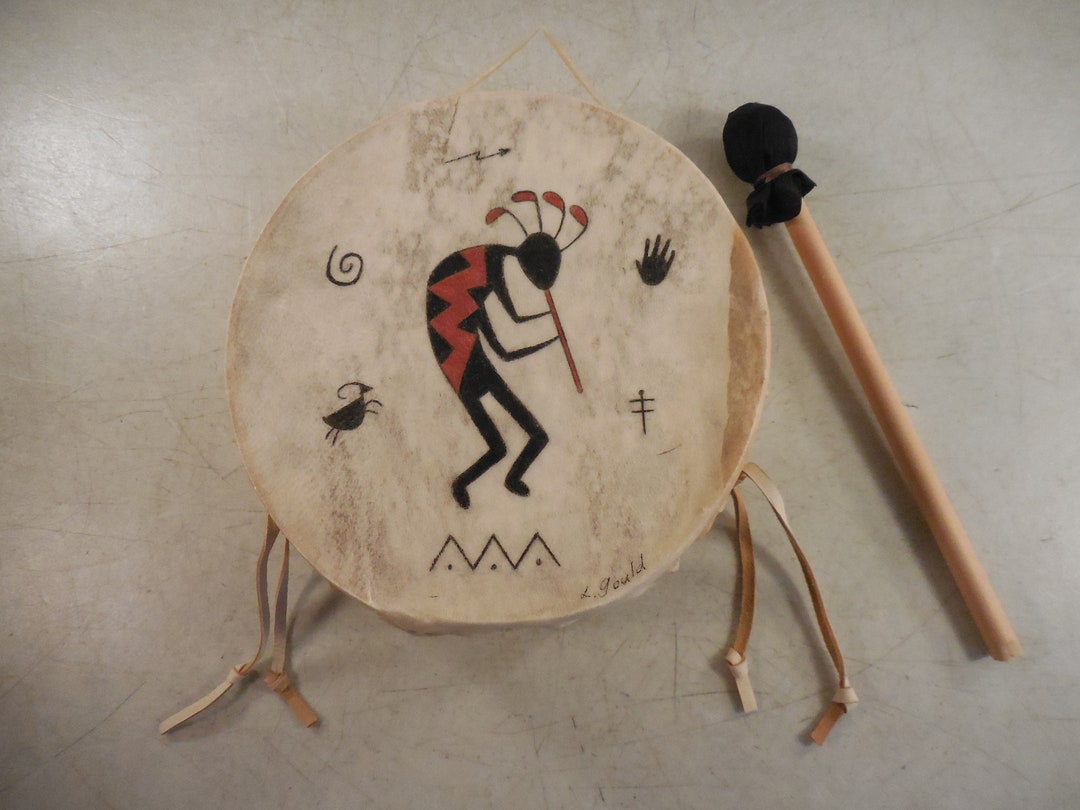 Native American Two Sided Rawhide Drum With Beater Handpainted Signed L. Gould 6 3/4 Southwest ...