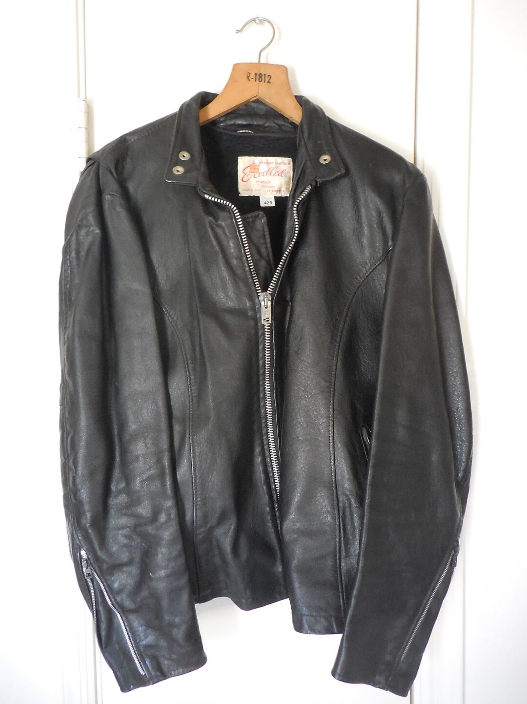 Vintage EXCELLED Black Leather Motorcycle Jacket Biker Lined Mens 42R ...
