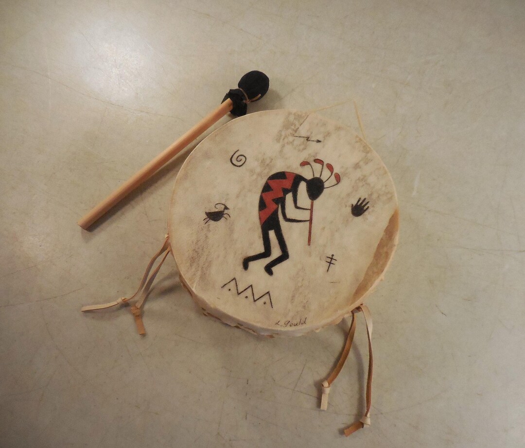 Native American Two Sided Rawhide Drum With Beater Handpainted Signed L ...