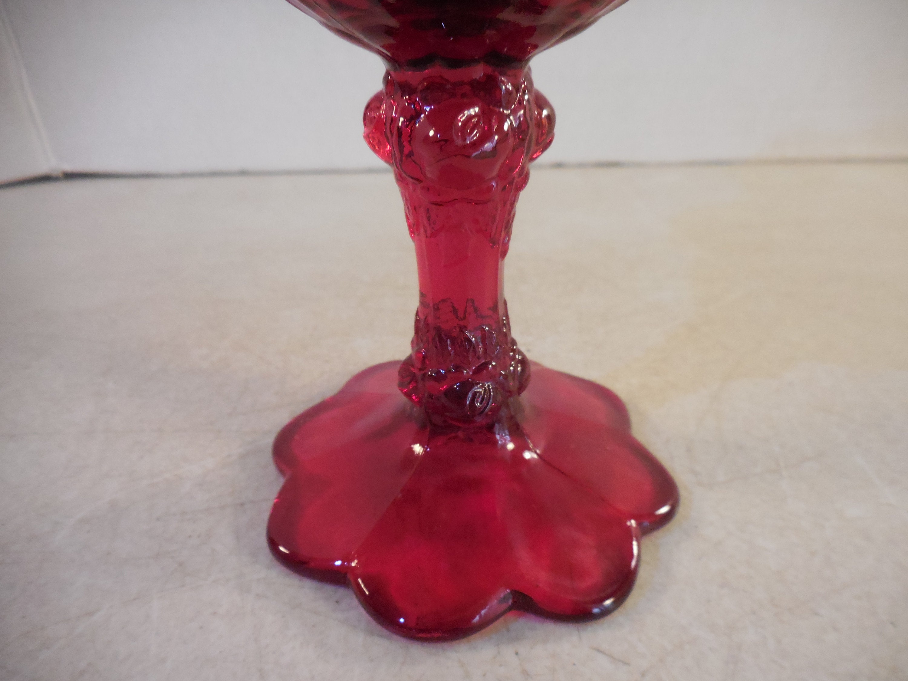 Vintage FENTON Ruby Red Ruffled Edge Pedestal Candy Dish Floral Leaf ...