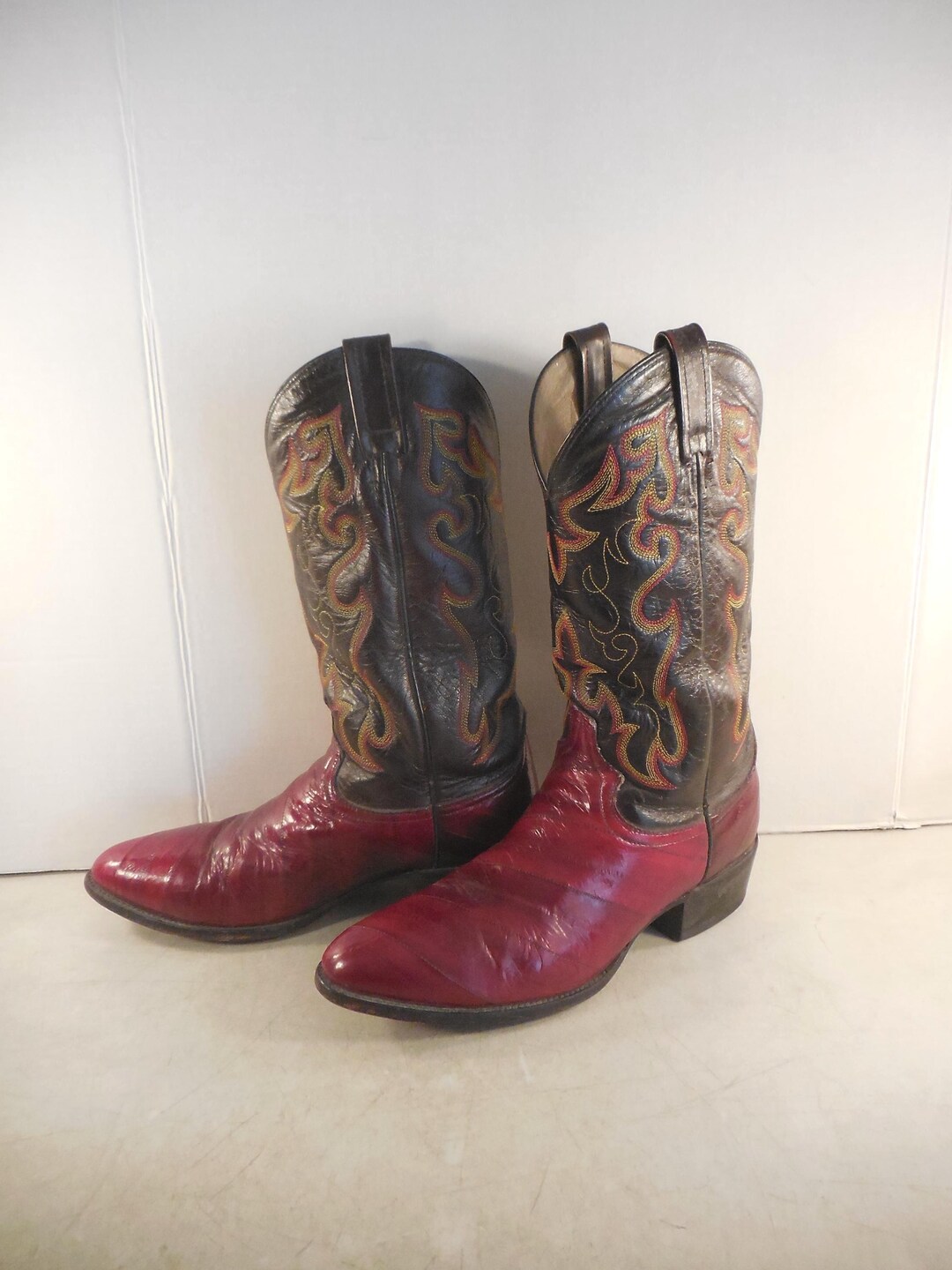 Vintage Dan Post Exotic Eel Style Vamp Leather Cowboy Western Boots ...