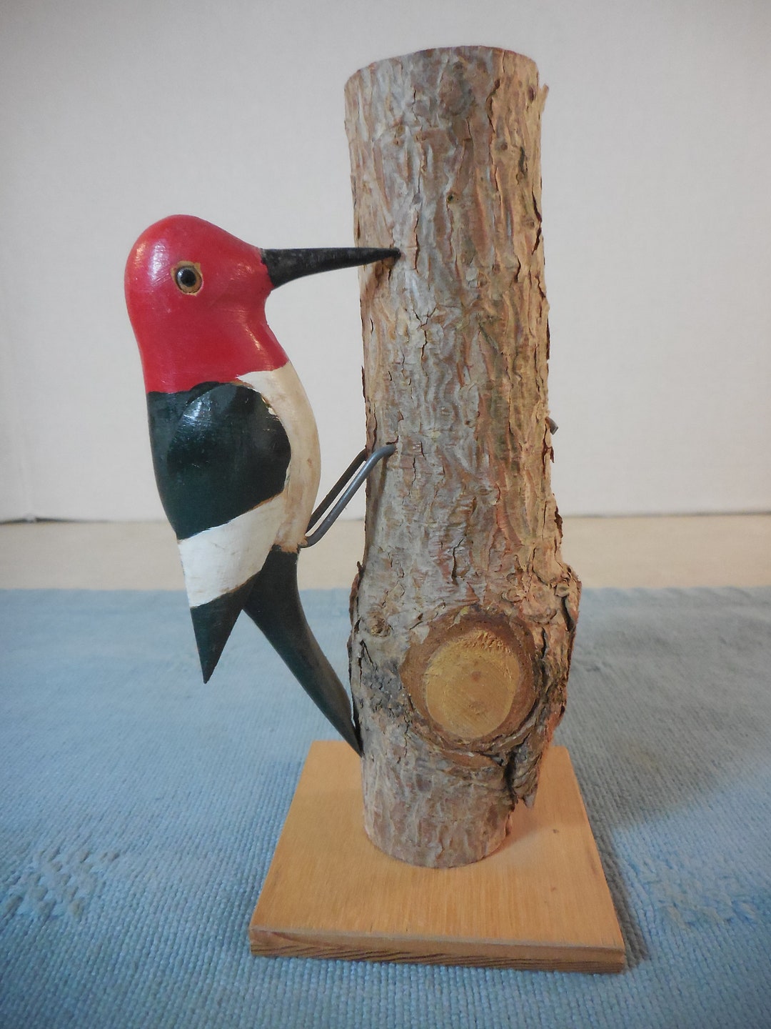 1967 Signed Wood Carved Red Headed WOODPECKER on Branch Folk Art Figure ...