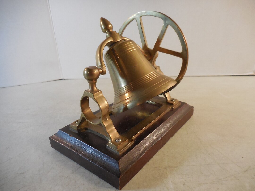 Brass Nautical Ship Bell Pulley Wheel Wood Base for Desk Mantle Decor ...
