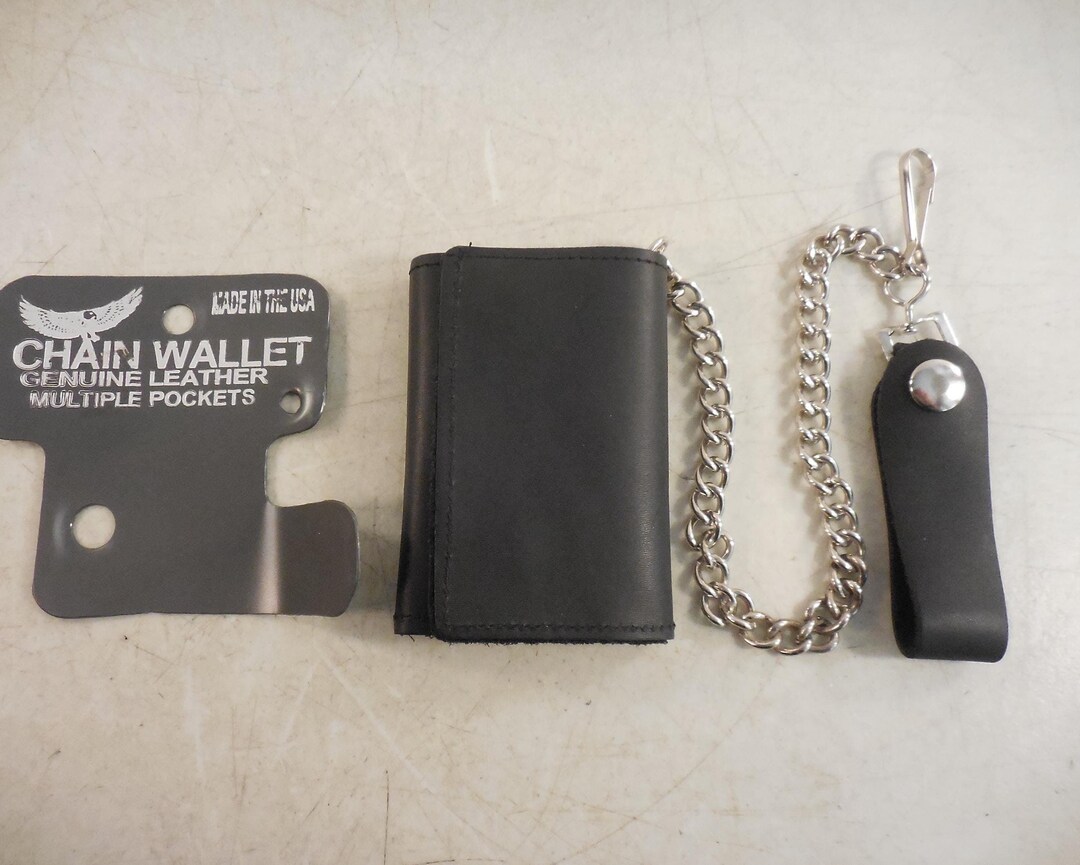 Trifold Geniune Black Leather Biker Trucker Chain Wallet Made in USA ...