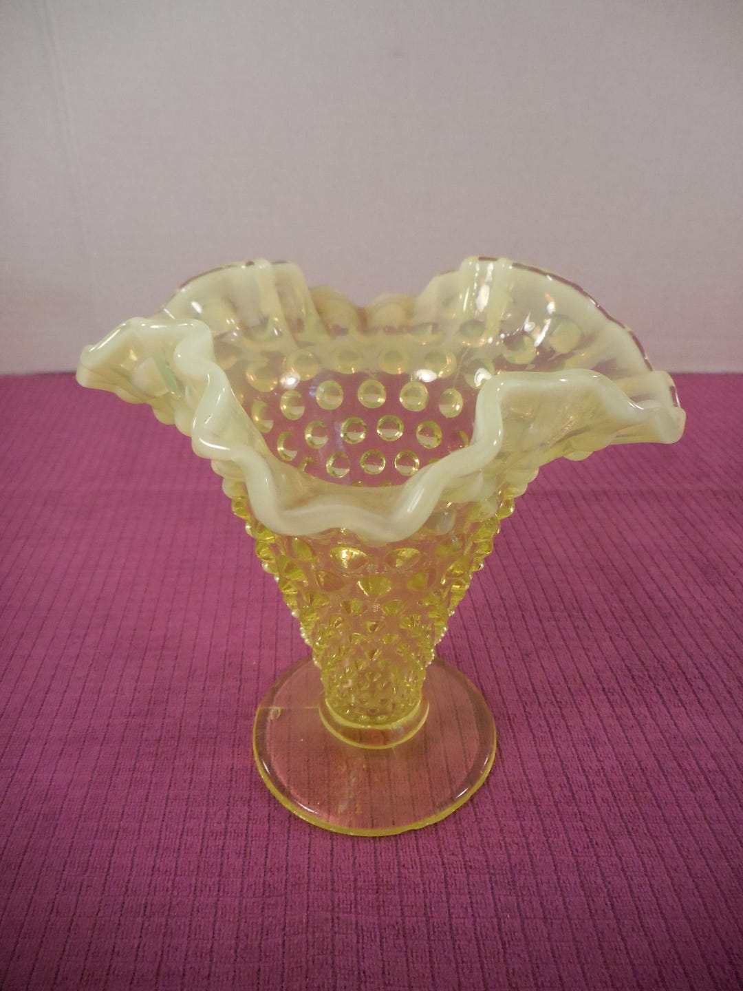 Vintage Fenton Yellow Vaseline Hobnail Trumpet Shape Opalescent Glass ...