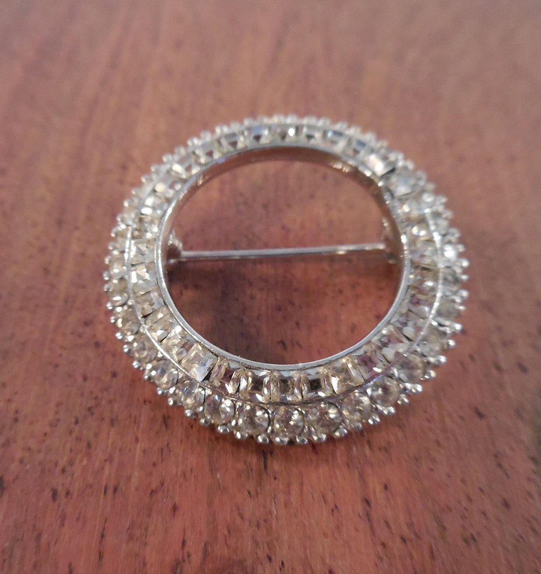 Vintage CINER Clear Rhinestone Encrusted Round Circle Double Row Pin ...