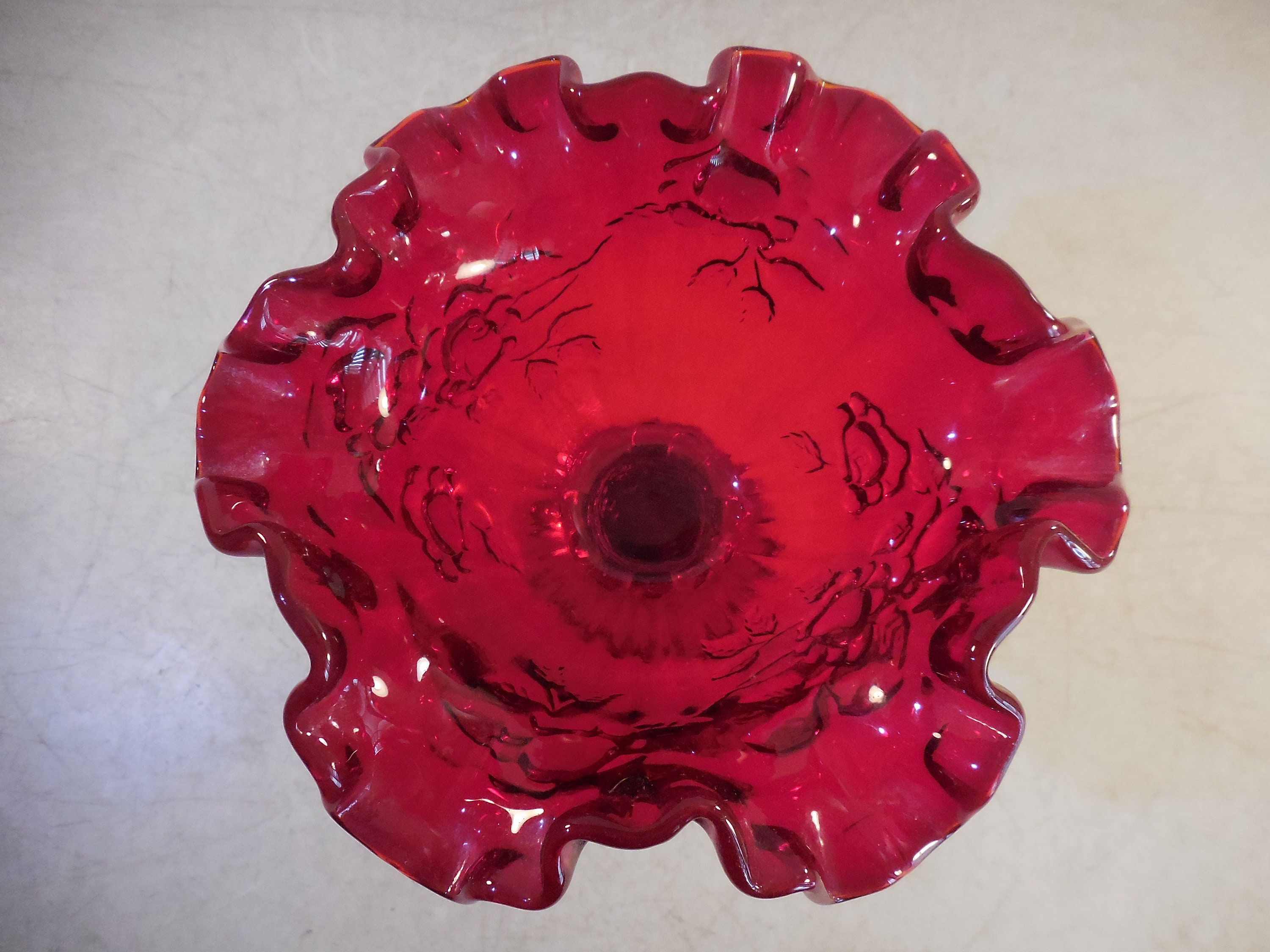 Vintage FENTON Ruby Red Ruffled Edge Pedestal Candy Dish Floral Leaf ...