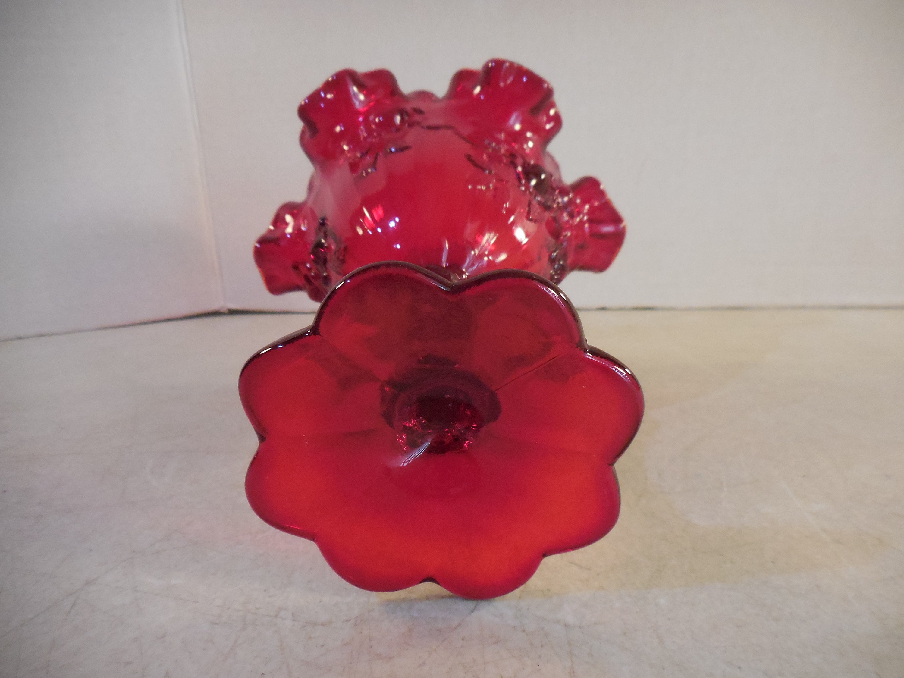 Vintage FENTON Ruby Red Ruffled Edge Pedestal Candy Dish Floral Leaf ...