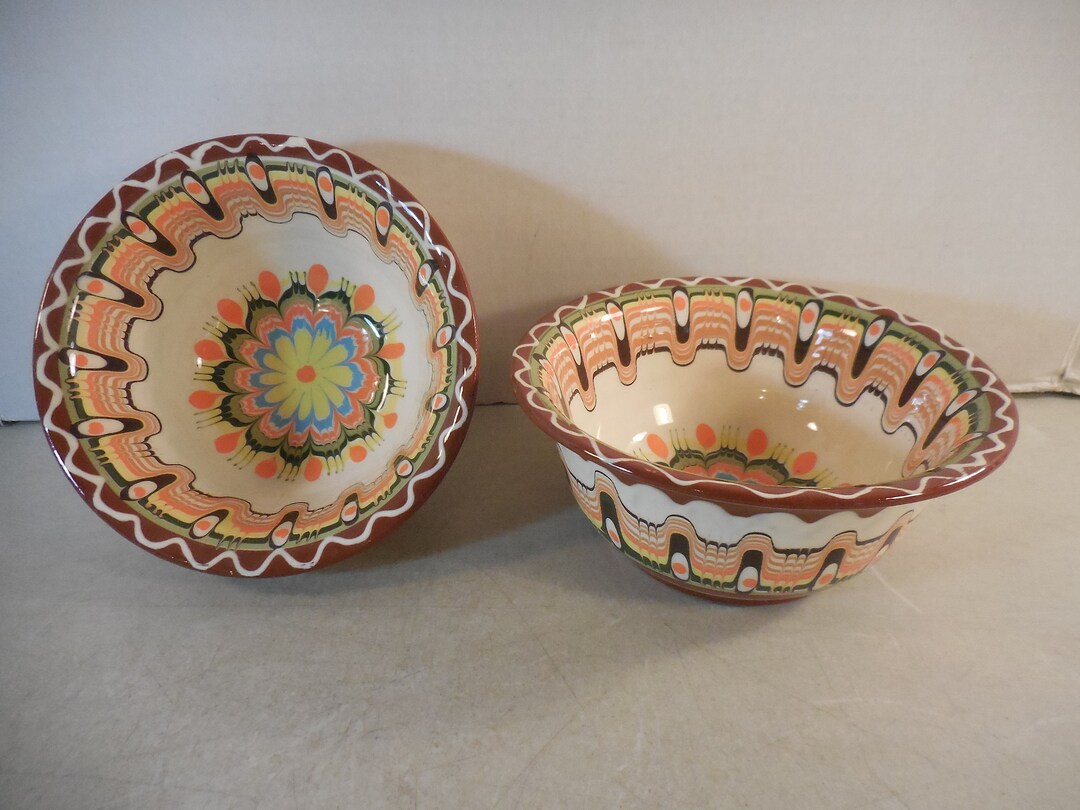 Vintage Bulgarian Redware Art Pottery Bowl Colorful Design Gorgeous - Etsy