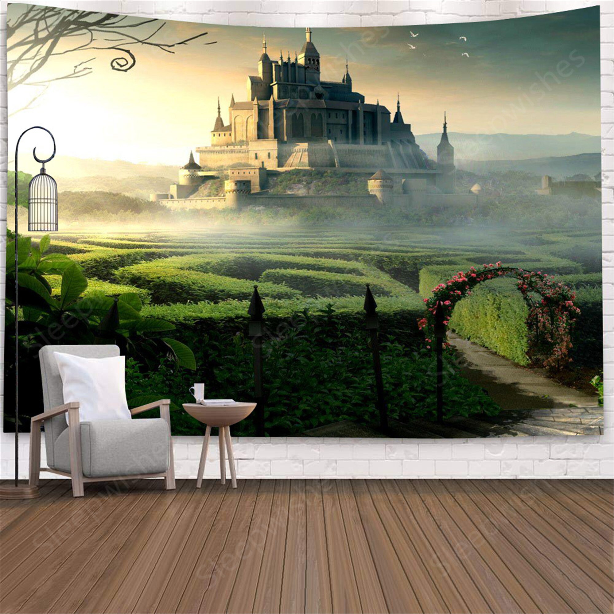 Fairytale Castle Tapestry Green Tree in Misty Tapestry Wall | Etsy