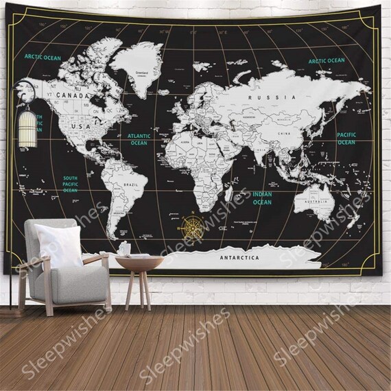 World Map Tapestry Capsceoll Map Tapestry Wall Hanging Black Etsy