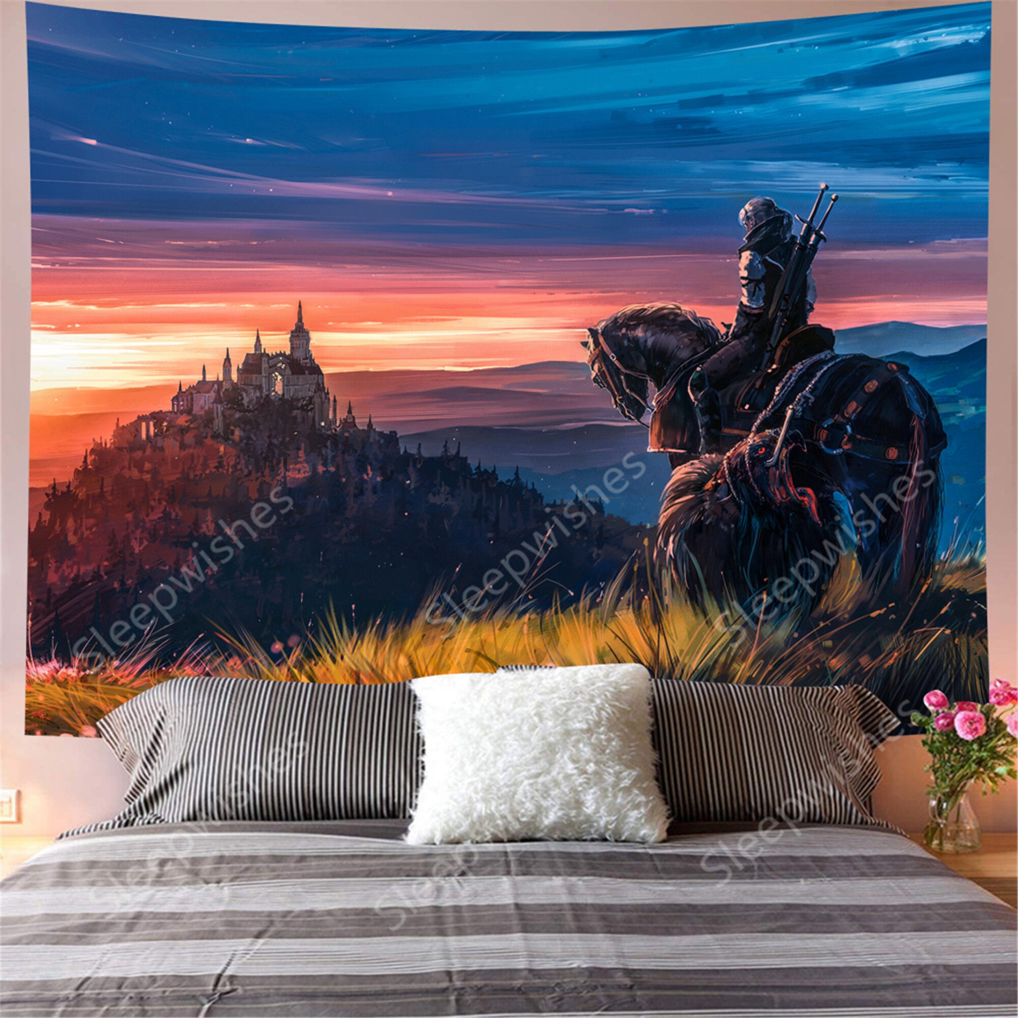 Fantasy Castle Tapestry Wall Hanging Knight Tapestry Sunset | Etsy