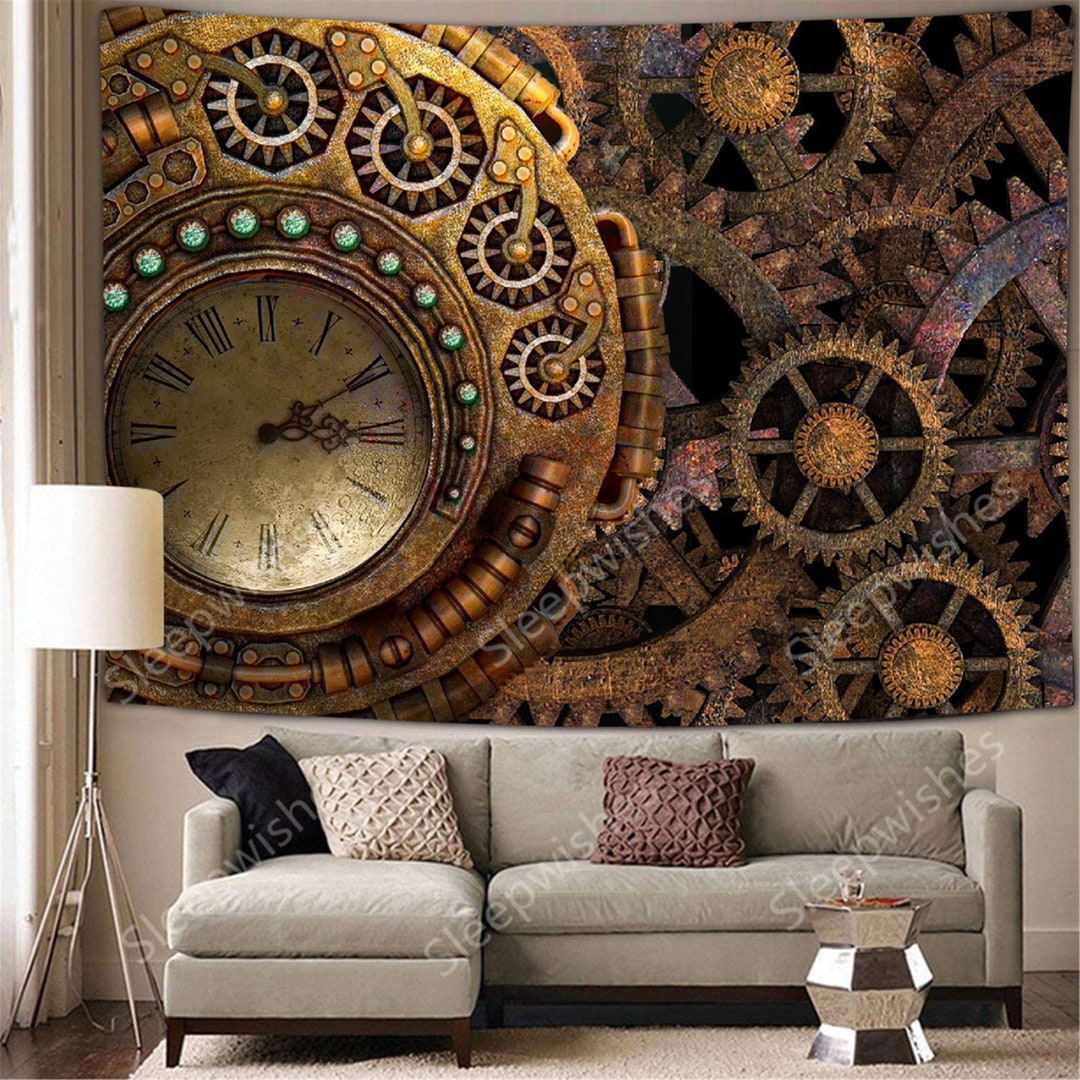 Steampunk Tapestry Wall Hanging Gears Time Machine Tapestry Retro Time ...