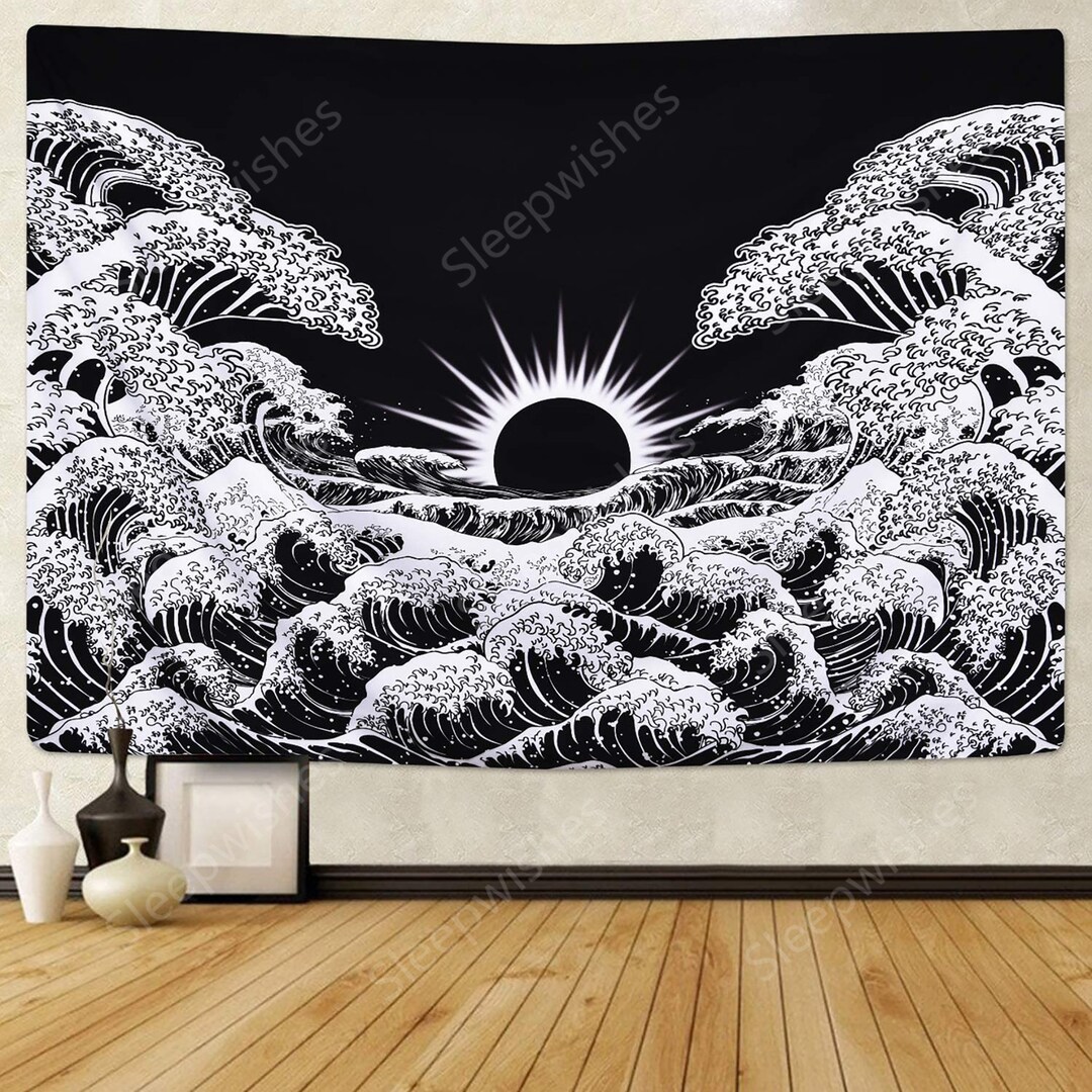Great Wave Kanagawa Tapestry Wave With Sunrise Tapestry Black - Etsy