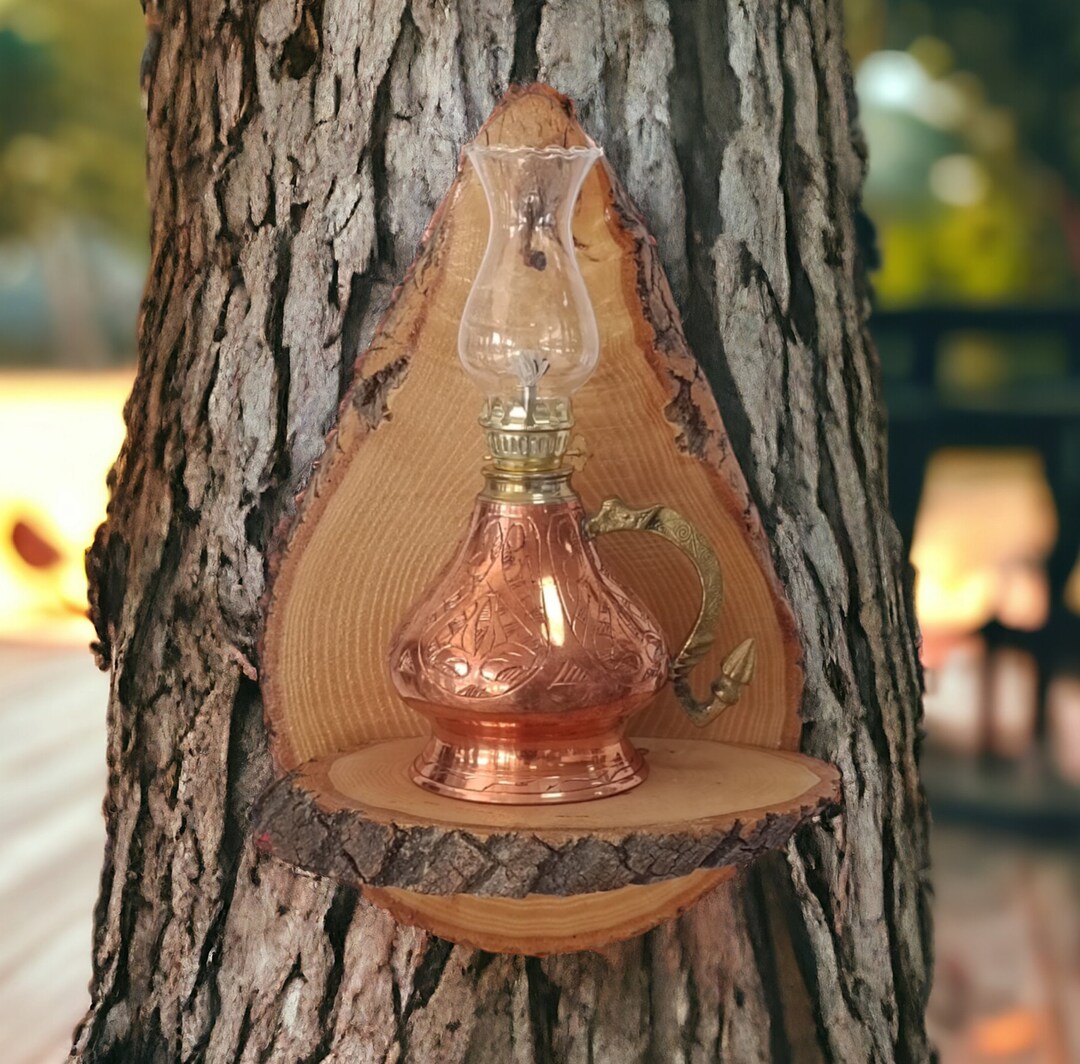 Copper Oil Lamp, Wood Wall Sconce, Copper Kerosene Lamp, Wall Mounted ...