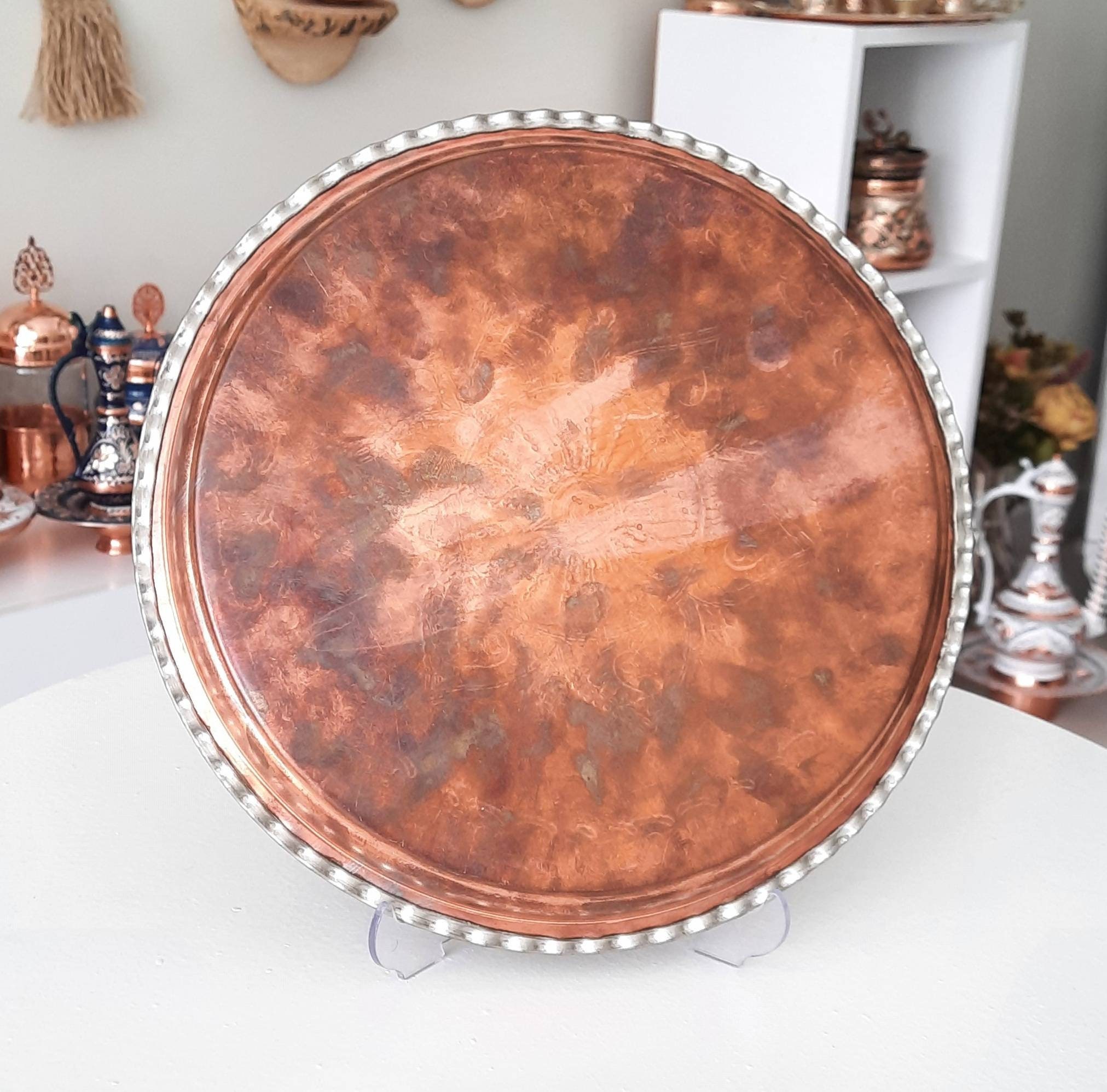 Round Serving Tray Copper Turkish Tray Copper Coffee Tea | Etsy