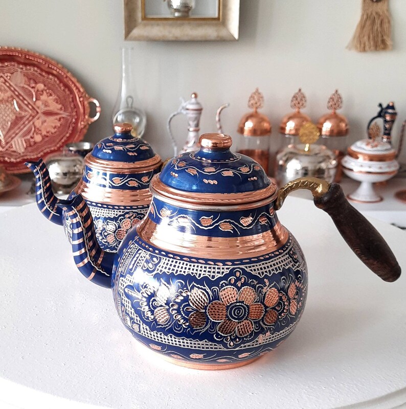 Turkish Tea Set Blue Turkish Copper Tea Set Copper Tea Cups - Etsy