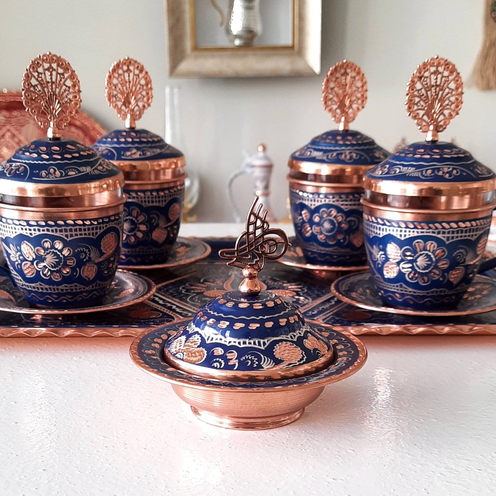 Turkish Tea Set Blue Turkish Copper Tea Set Copper Tea Cups - Etsy