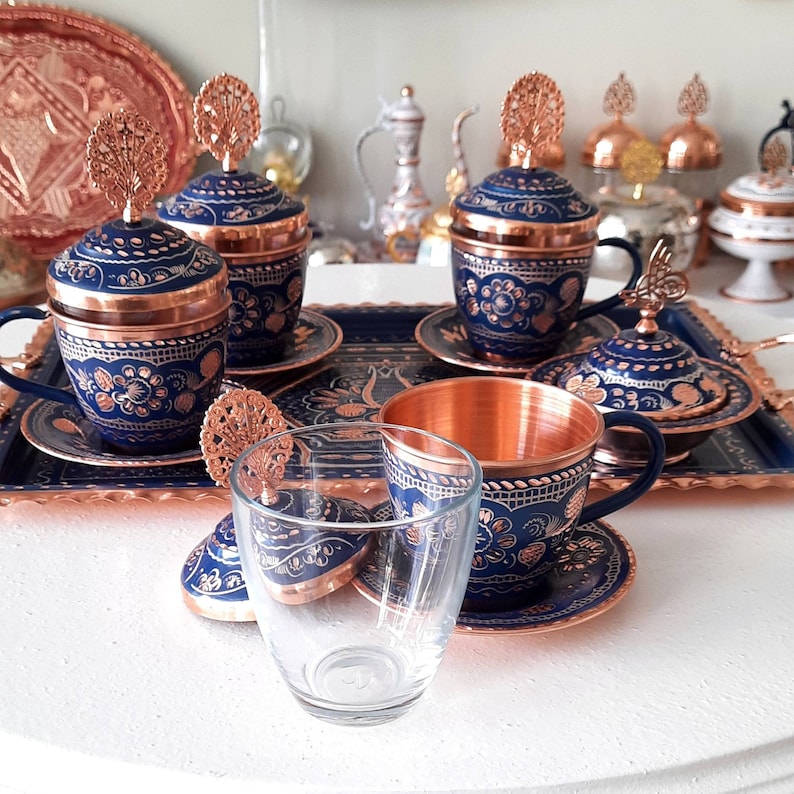 Turkish Tea Set Blue Turkish Copper Tea Set Copper Tea Cups - Etsy