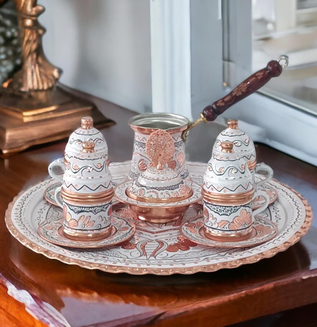 Handcrafted Copper Turkish Coffee Set: Engraved Coffee Pot, Cups & Tray ...
