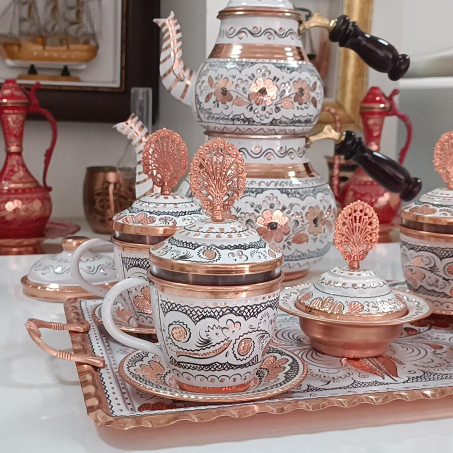 Turkish Tea Set, Copper Teapot Set, Unique Tea Pot Set, Copper Tea Cups ...