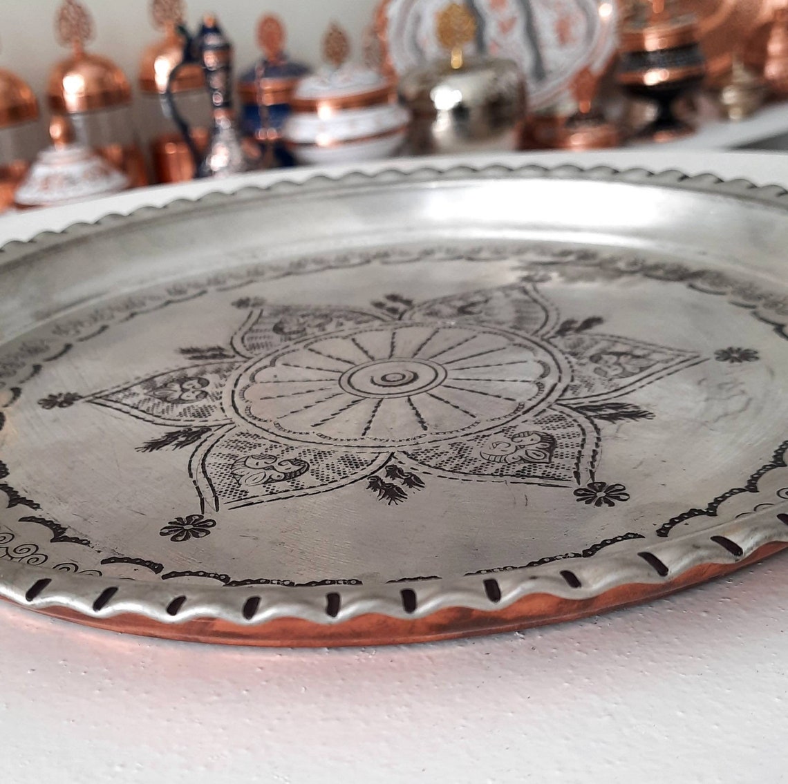 Round Serving Tray Copper: Turkish Tray, Copper Coffee Tray, Rustic ...