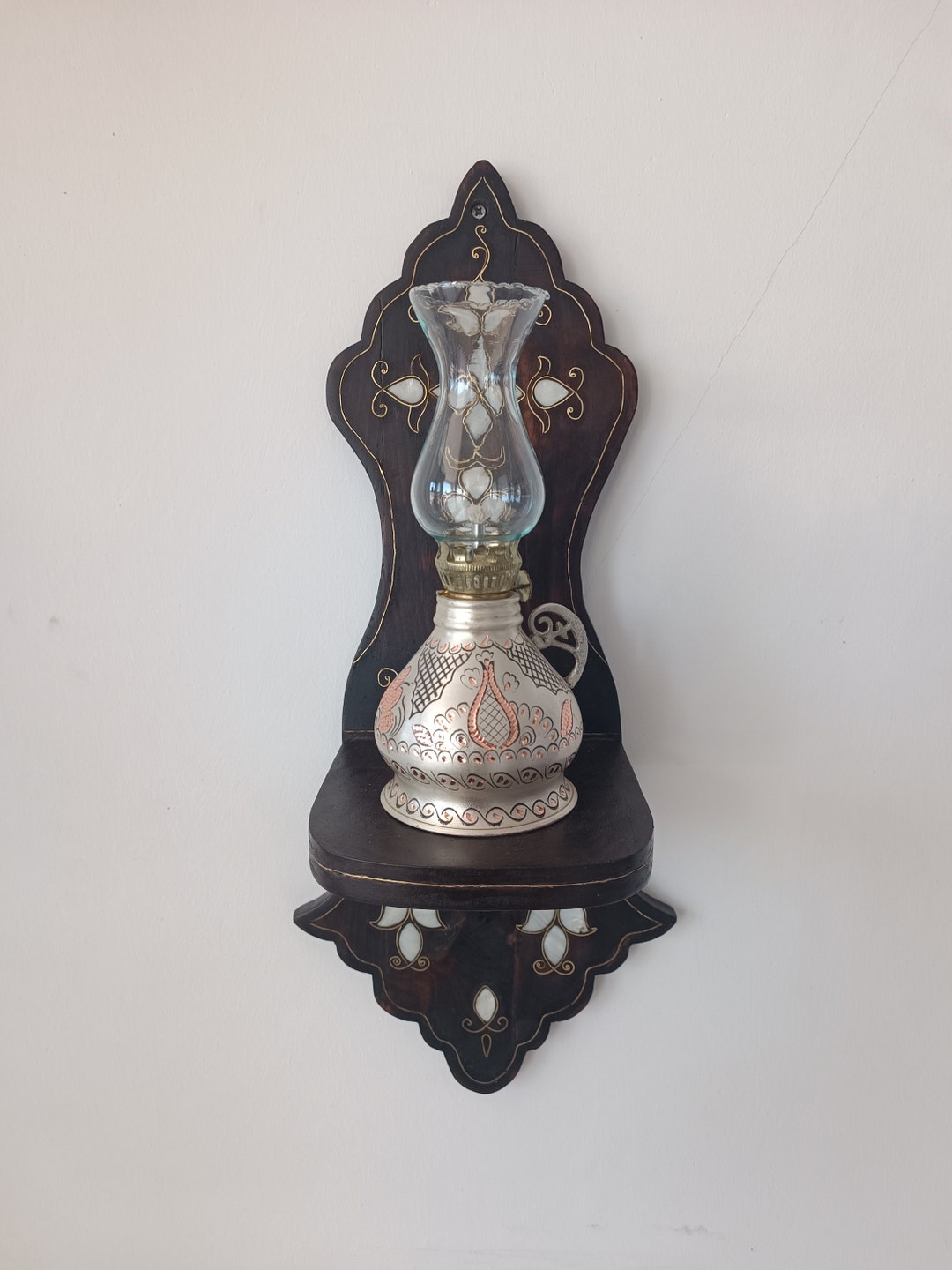 Wall Mounted Oil Lamp, Wooden Wall Sconce, Copper Kerosene Lamp, Rustic ...