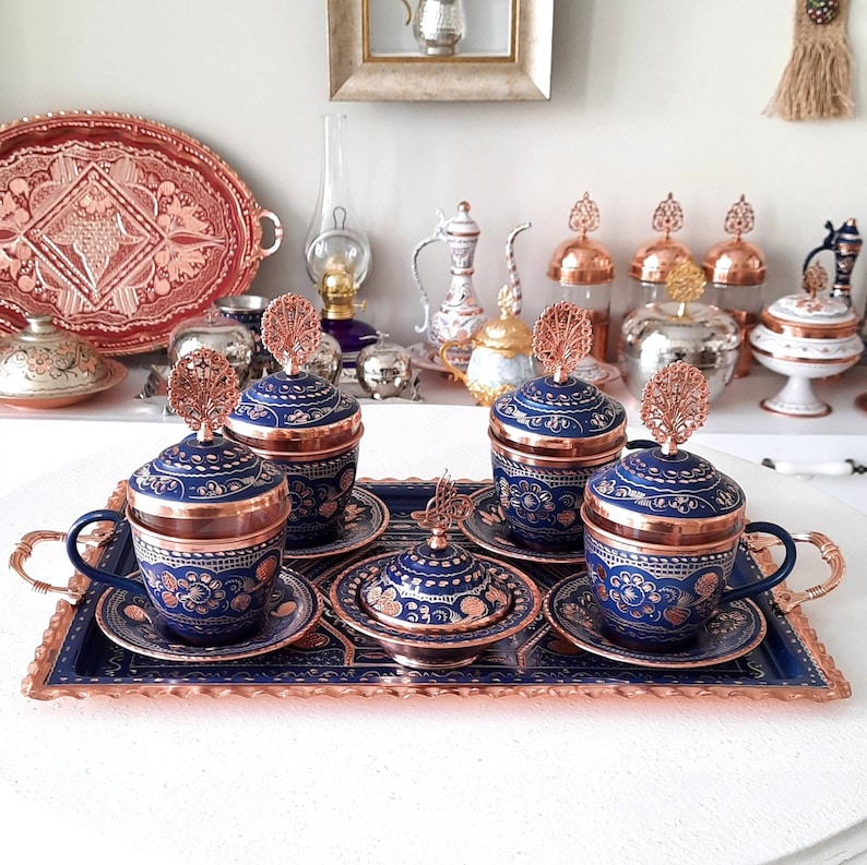Turkish Tea Set Blue, Turkish Copper Tea Set, Copper Tea Pot Set ...