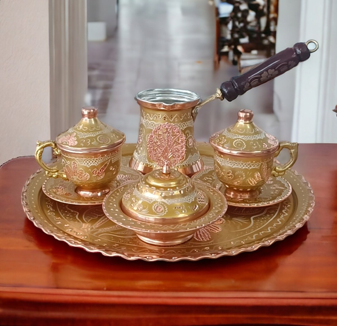 Handcrafted Copper Turkish Coffee Set: Engraved Coffee Pot, Cups & Tray ...