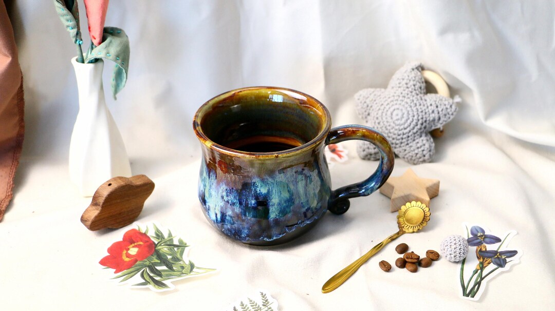 Handmade Green Drop Flow Glaze Ceramic Coffee Mug, Rolled Handle ...
