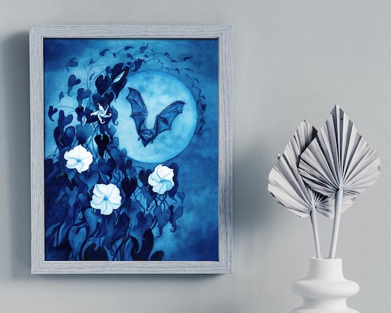 Floral Bat Print Moonflowers Botanical Flying Bat Full Moon - Etsy