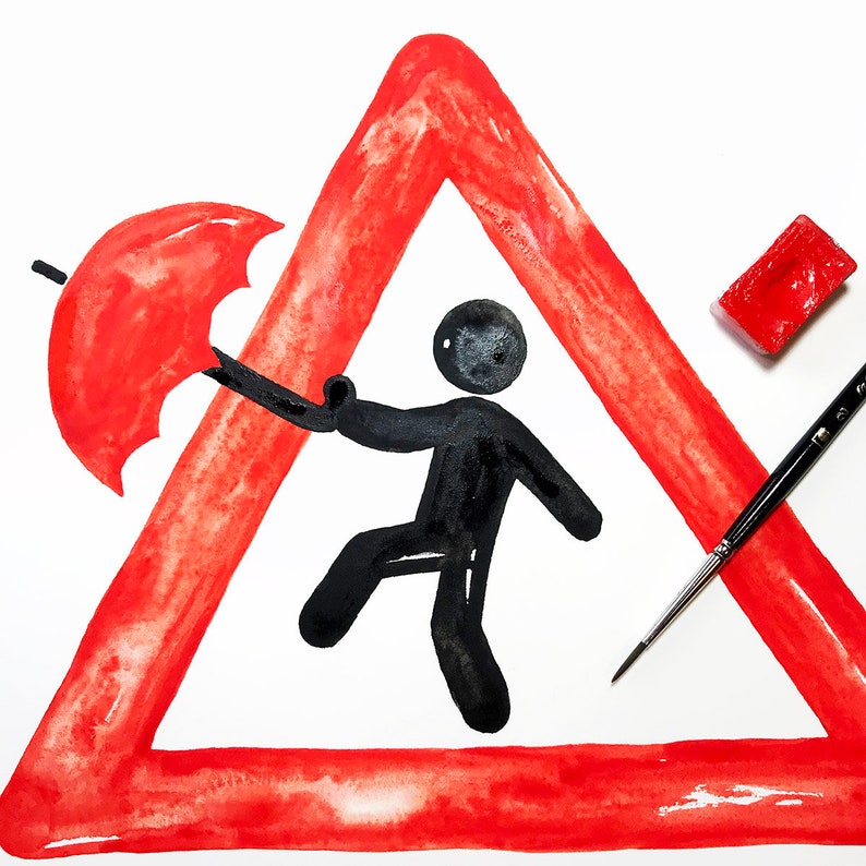 Red Umbrella Warning Sign Original Watercolor Illustration | Etsy