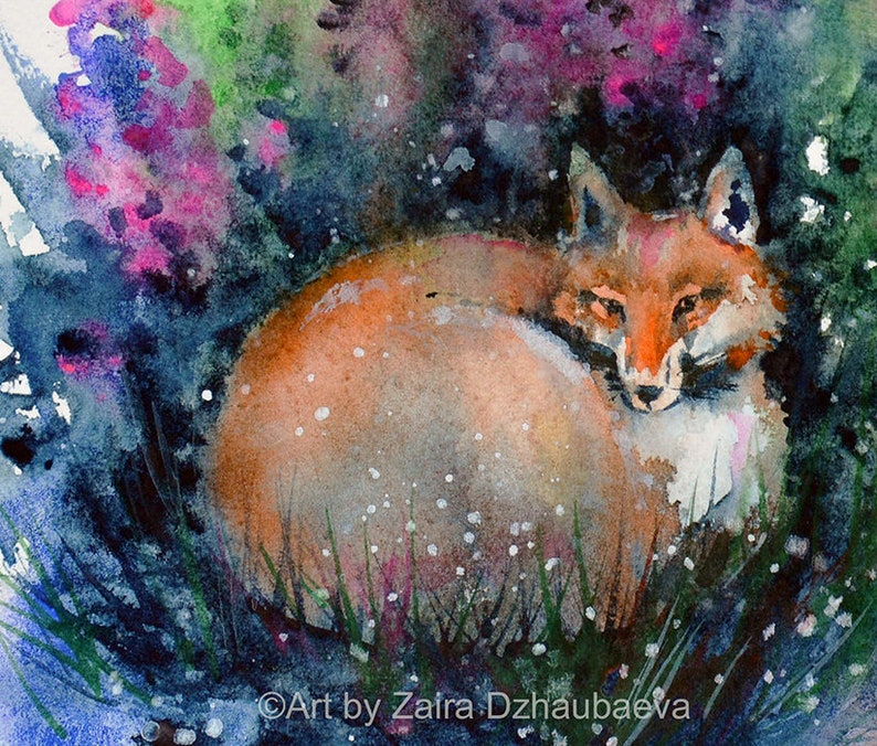 Red Fox Original Watercolor Painting Foxgloves Garden Floral Flowers ...