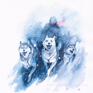 Sled Dogs Original Hand Painted Watercolor Painting Siberian Husky Mush ...