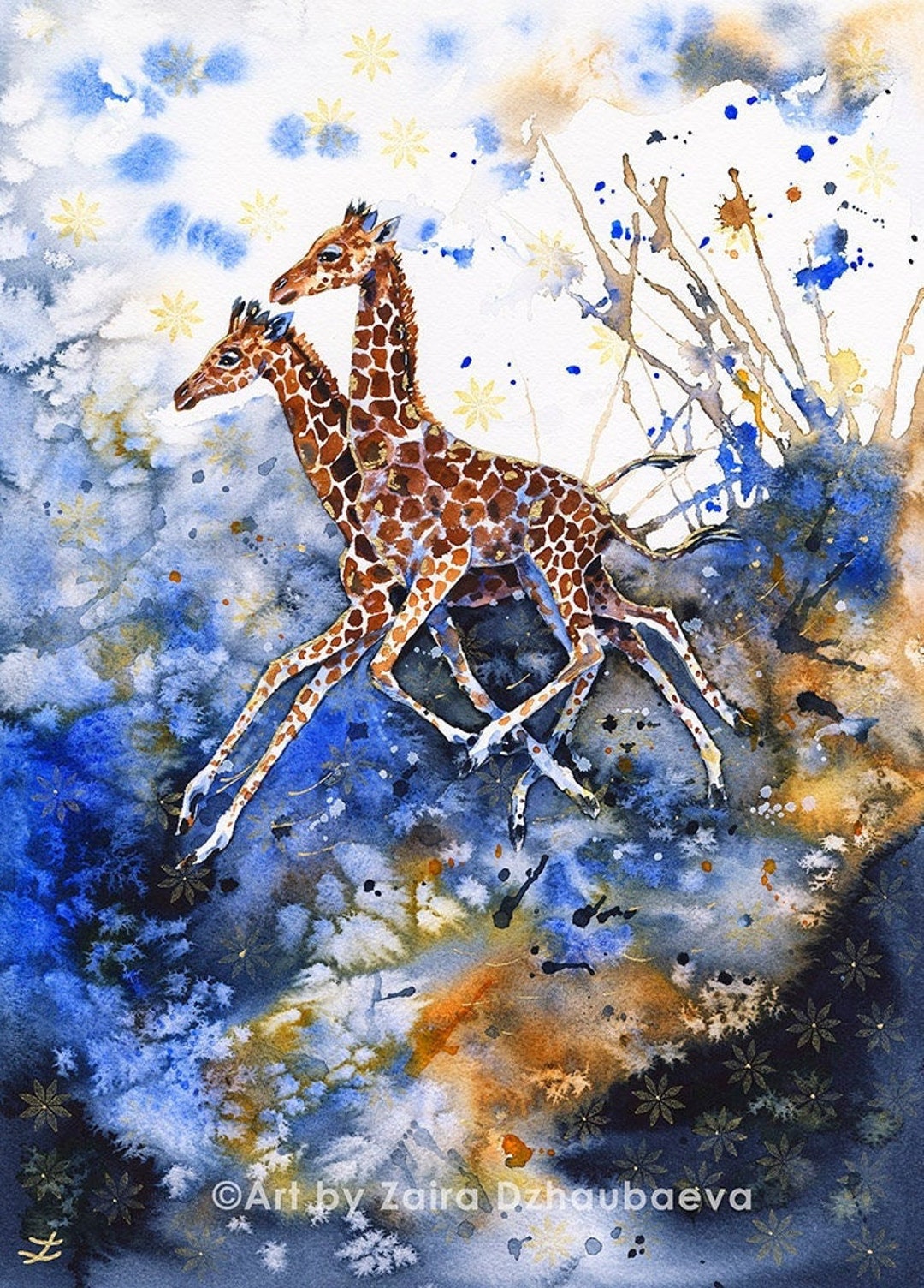 Colorful Playing Baby Giraffes Wall Art Print Giraffe Calves Watercolor ...