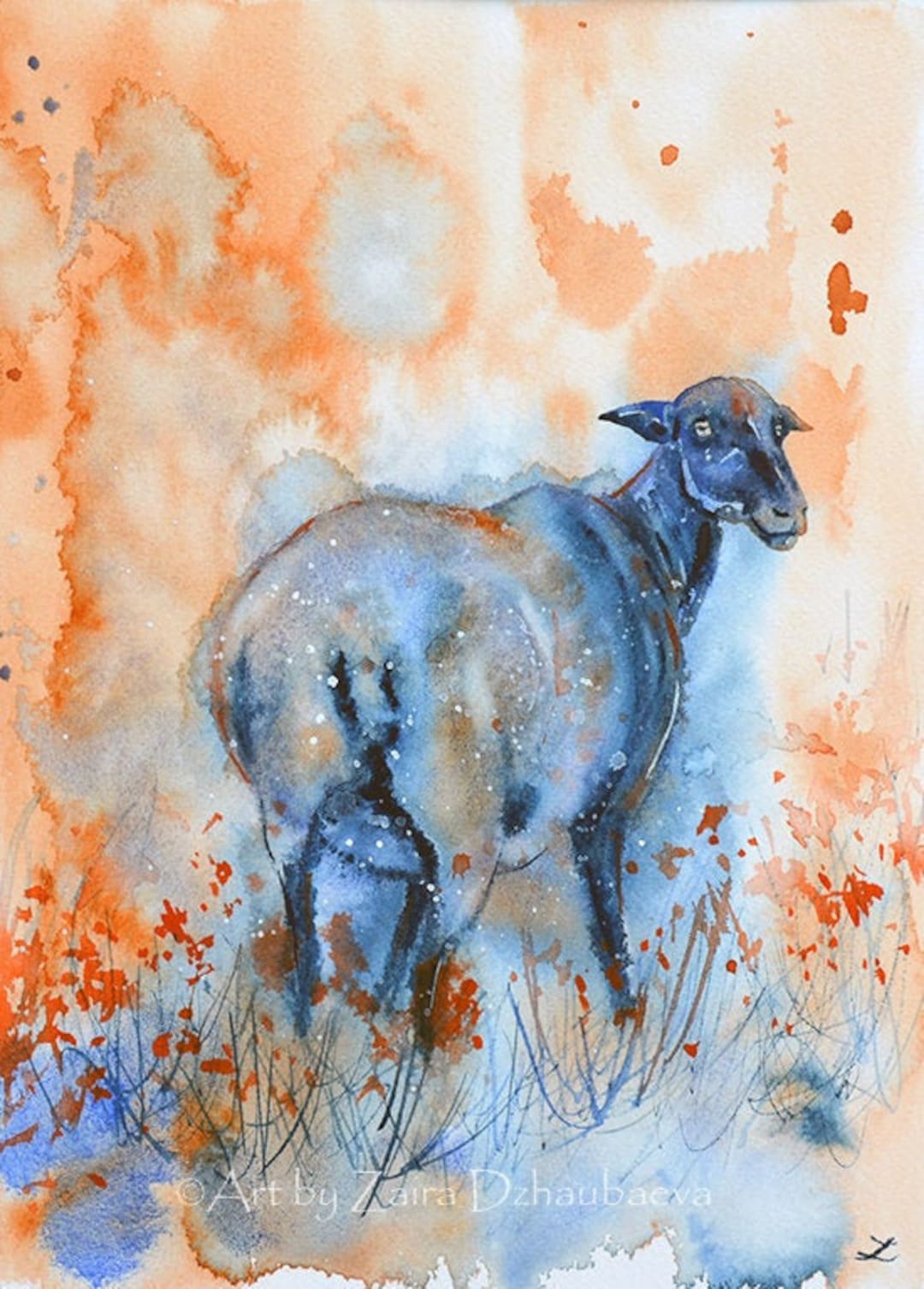 Black Sheep and Poppies Art Print Farm Animals Cute Sheep Watercolor ...