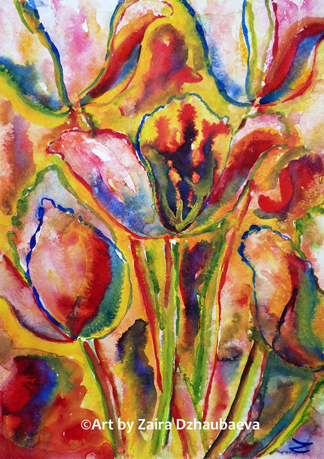 Colorful Abstract Tulips Original Watercolor Painting Tulip Wall Art ...