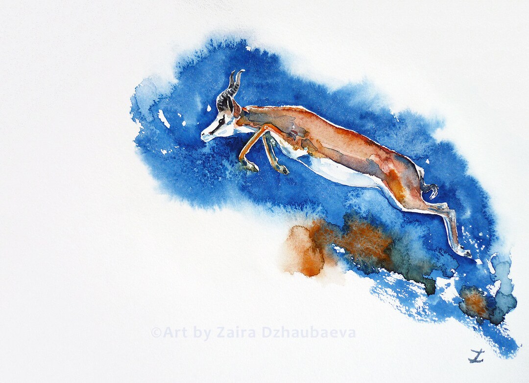 Springbok Antelope Original Watercolor Painting Jumping - Etsy