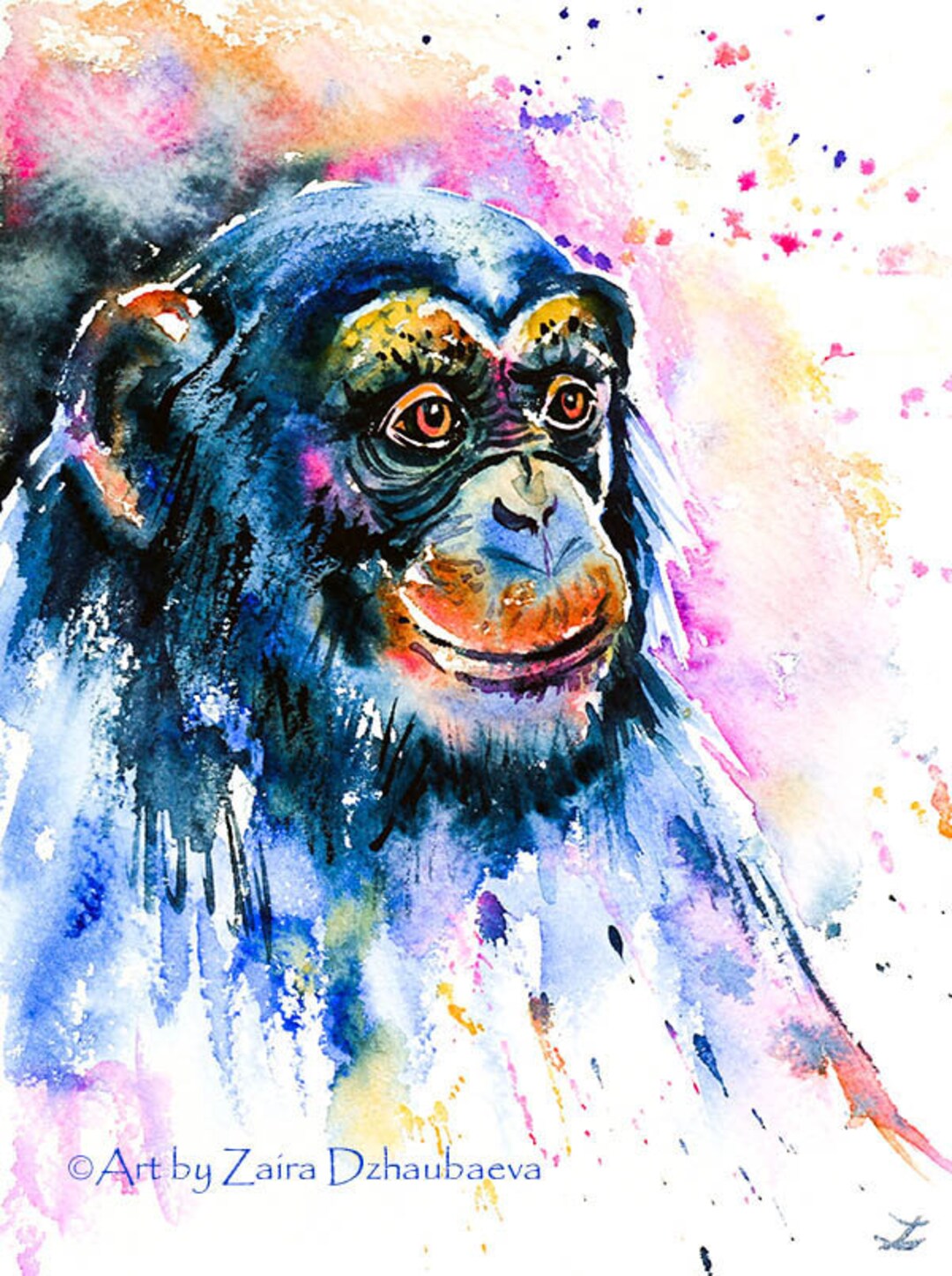 Chimpanzee Art Print Chimp Wildlife Animals Colorful Watercolor ...